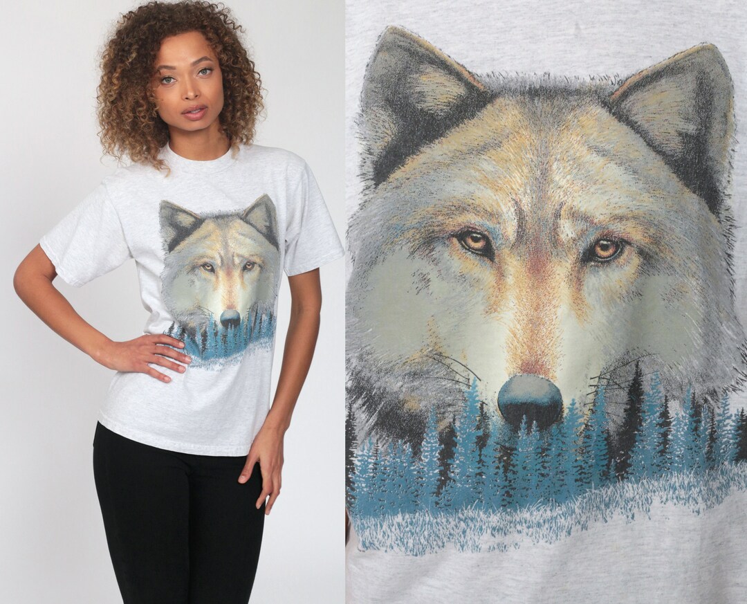 Wolf Tshirt Animal Shirt 90s Wolf Print Tshirt Distressed Forest T ...
