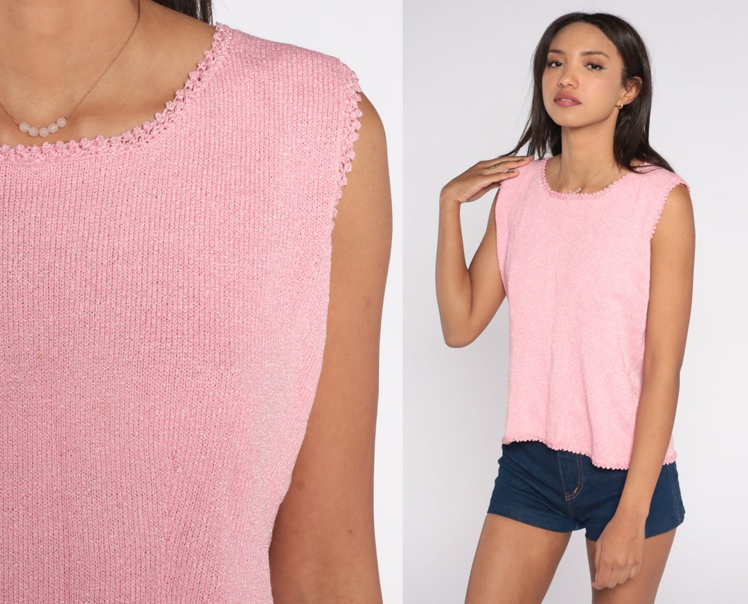 60s Tank Top Pink Knit Blouse Retro Sleeveless Shirt Mod Summer Basic ...