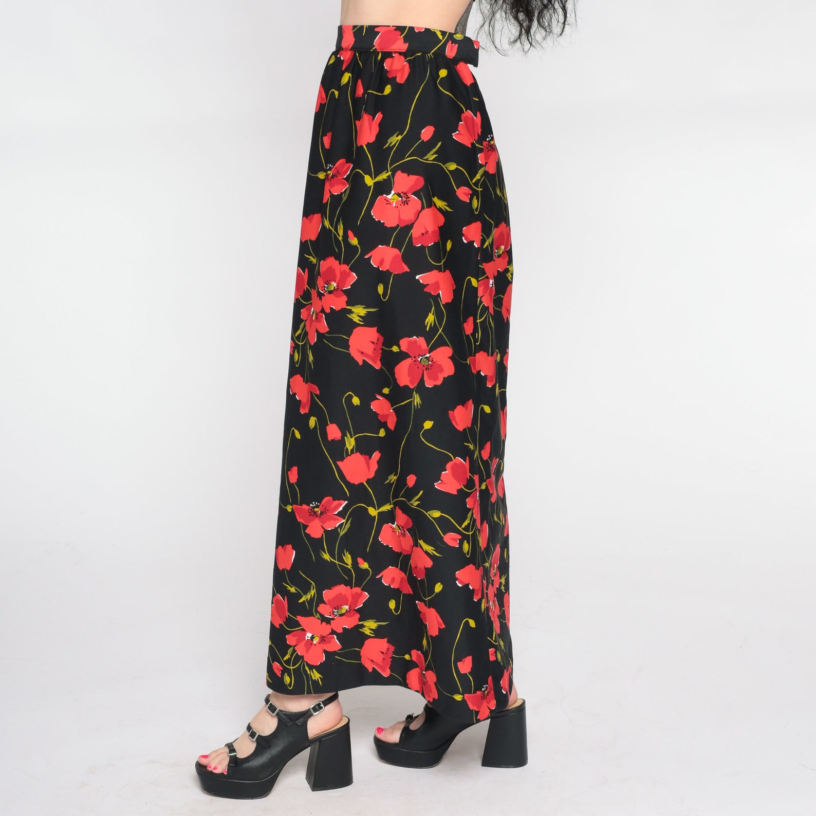 90s Floral Skirt Black Red Poppy Skirt 90s Maxi Boho Straight - Etsy