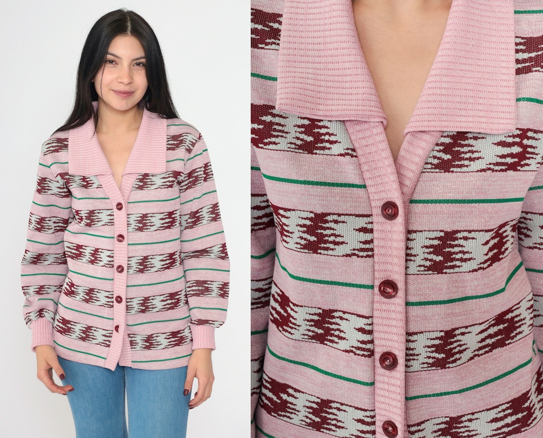 Pink Striped Cardigan 70s Space Dye Sweater Geometric Boho Cardigan ...