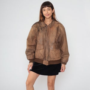 Brown Leather Pilot Jacket 80s Zip up Bomber Jacket Flight Biker Moto ...