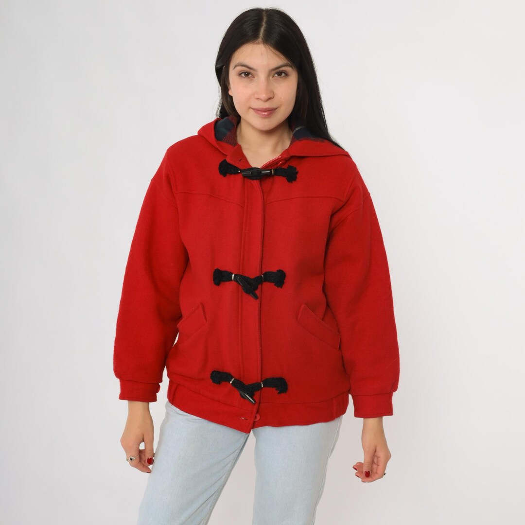 80s Woolrich Jacket Toggle Coat Red Hooded Black Toggle Closures Wool ...