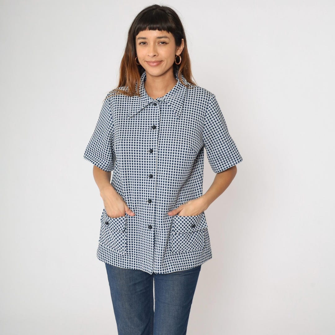 70s Checkered Blouse Blue White Button up Shirt Patch Pocket Check ...