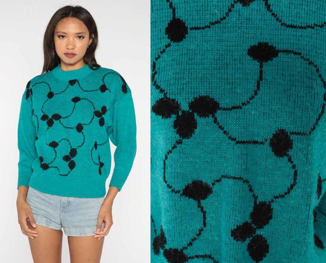 Abstract Print Sweater 80s Teal Green Vine Black Knit Pullover Jumper ...