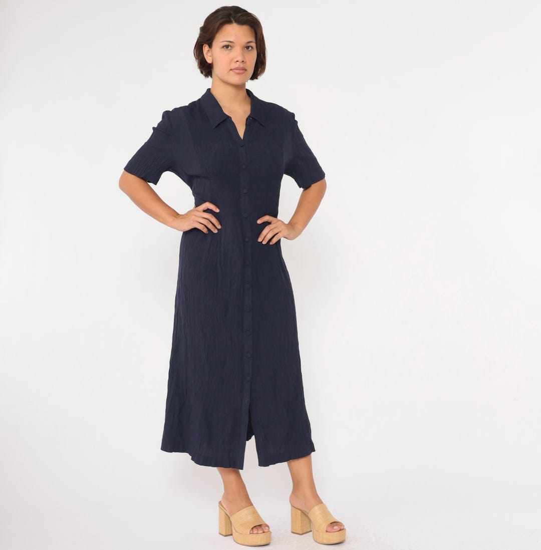 Vintage Navy Blue Day Dress 90s Button up Ankle Length Maxi Dress Retro ...