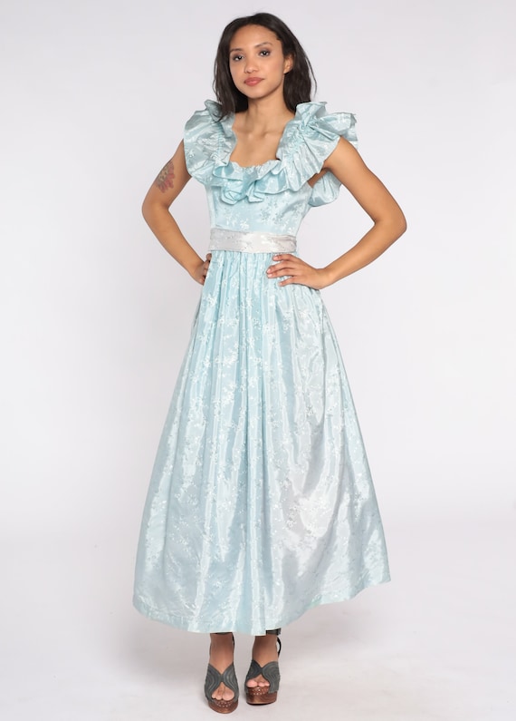 70s Prom Dress Baby Blue Floral Embossed Dress Boho M… - Gem