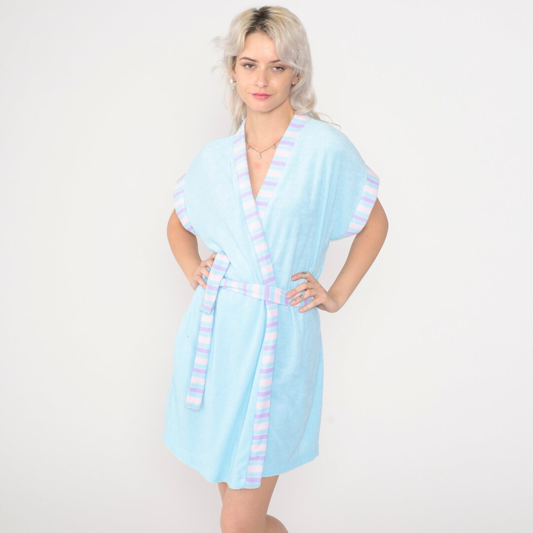 70s Terry Cloth Robe Baby Blue Dressing Gown Striped Robe Pajama Robe ...