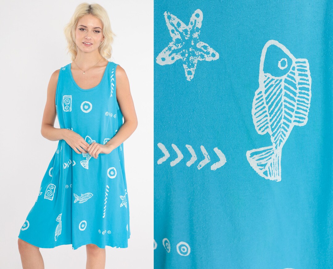 Fish Print Dress 90s Sundress Blue Beach Dress Tropical Petroglyph ...