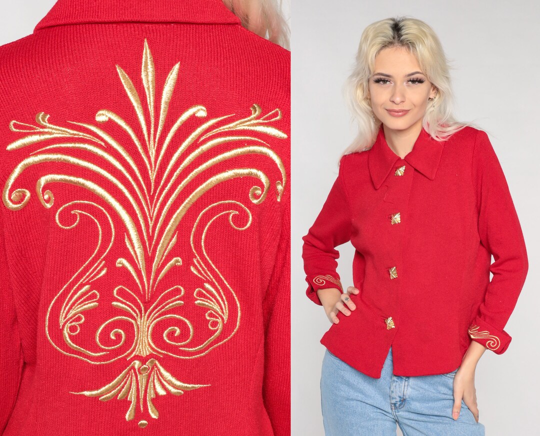 Red Cardigan Jacket 80s Metallic Gold Embroidered Button up Knit ...