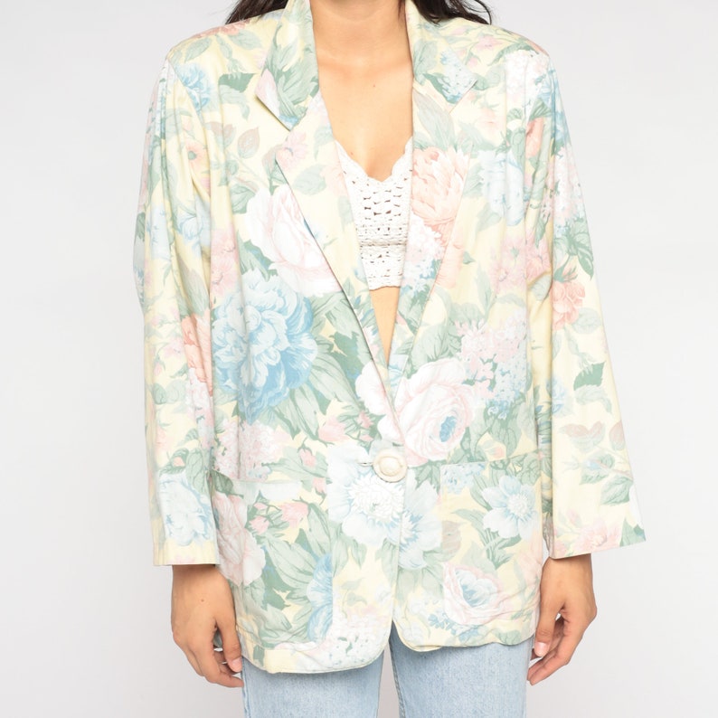 90s Floral Blazer Boho Summer Jacket Deep V Button up Lightweight ...