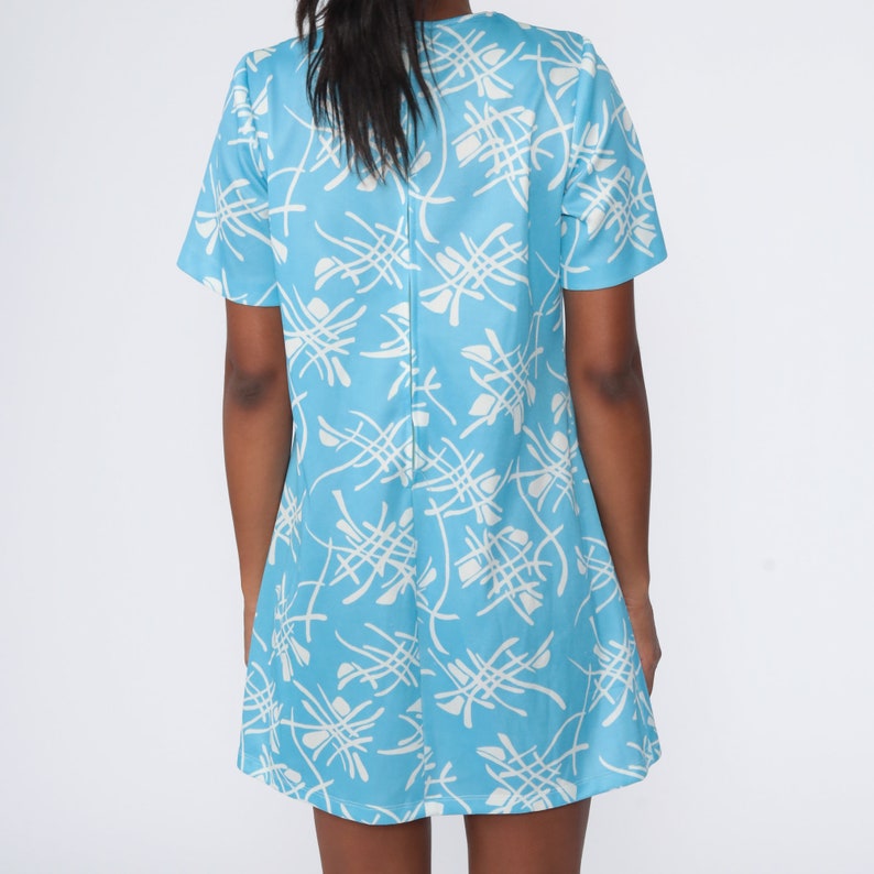 70s Mini Dress Abstract 60s Shift Mod Dress Blue Short Sleeve | Etsy