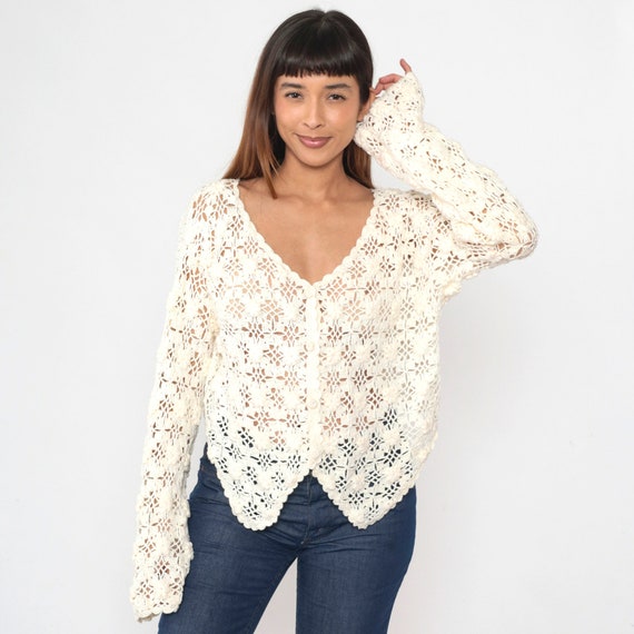 90s Crochet Sweater Sheer Off-White Cardigan Boho Flo… - Gem
