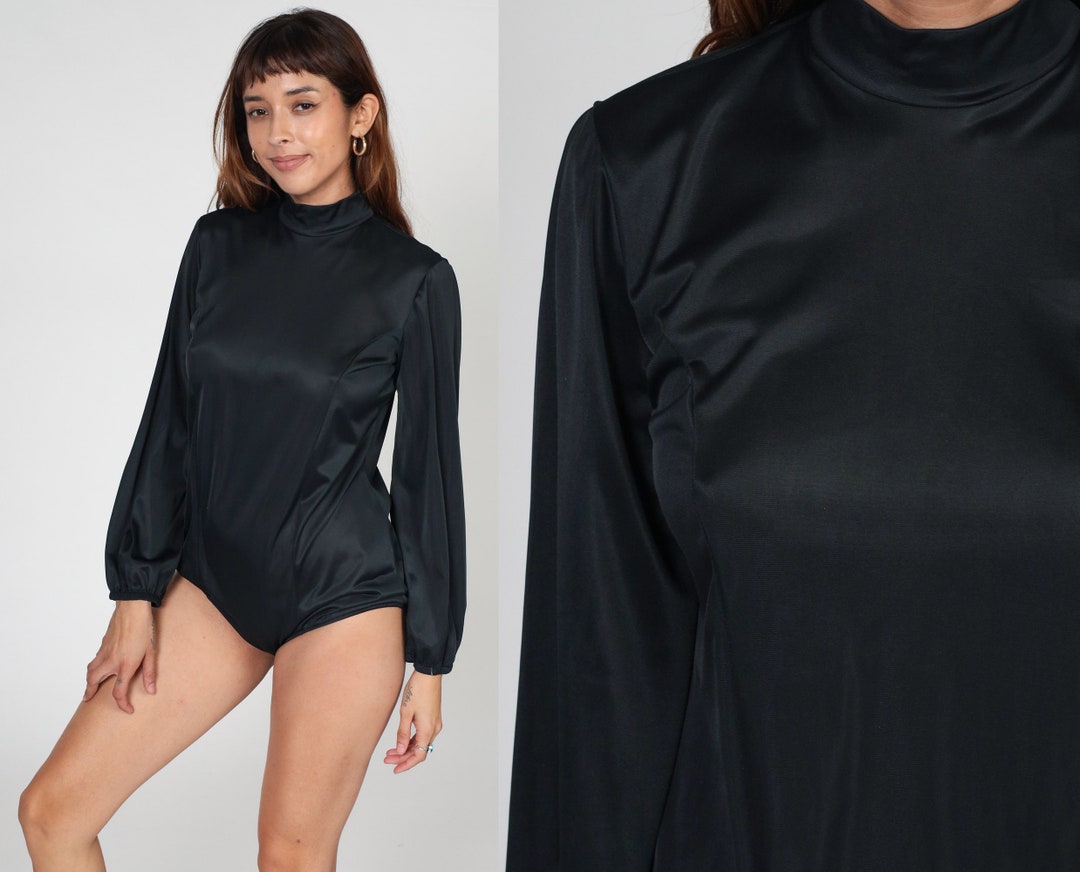 Black Bodysuit Top 70s Blouse Mockneck Long Sleeve Leotard Mock Neck ...