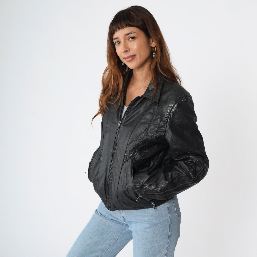 80s Leather Jacket Black Leather Moto Jacket Motorcycle Punk Rock Zip ...