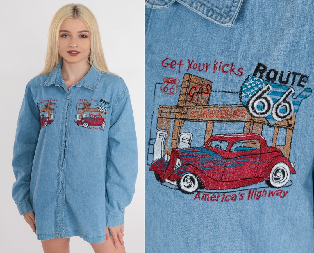 Route 66 Shirt 90s Denim Button up Embroidered Blue Jean Top USA ...