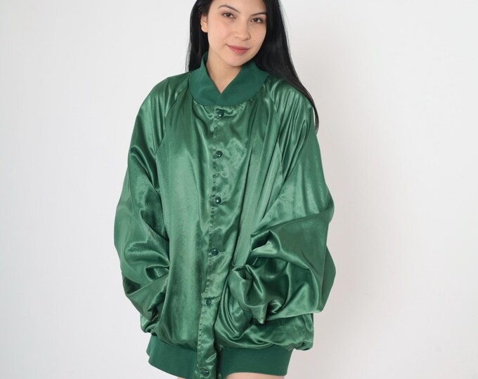 Vintage Satin Bomber Jacket 80s Green Baseball Jacket Plain Snap up ...