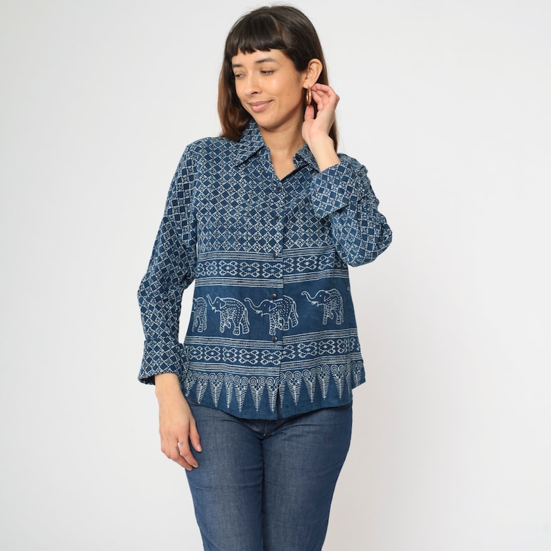 Y2K Elephant Print Batik Shirt Blue Thai Long Sleeve Blouse Vintage ...