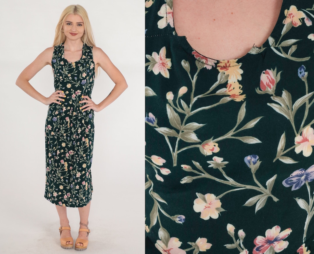 Floral Maternity Dress 90s Midi Dress Dark Green Flower Print Sundress ...