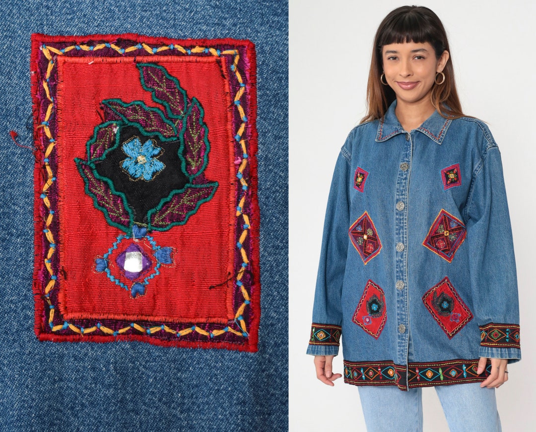 Floral Denim Jacket 90s Embroidered Patch Blue Jean Jacket Patchwork ...