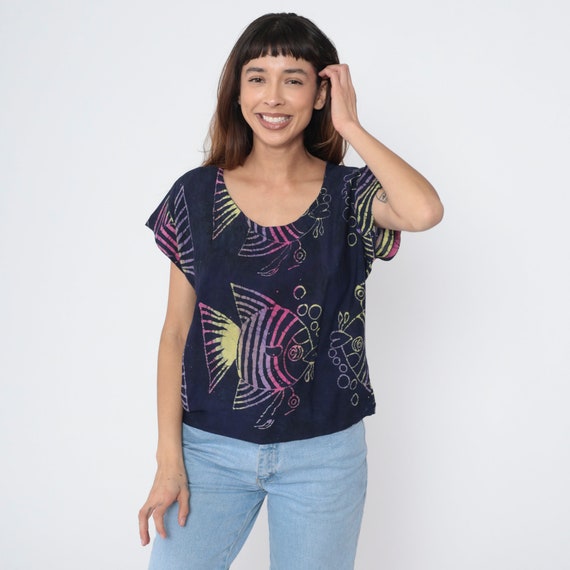 Batik Fish Shirt Y2k Dark Blue Beach Pattern Top Unde… - Gem