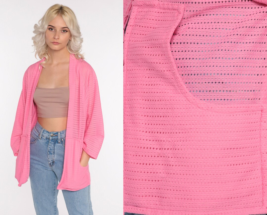 Pink Lace Jacket 70s Sheer Cutout Jacket Hot Pink Cardigan Boho Jacket ...