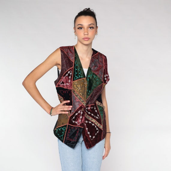 Velvet Patchwork Vest 90s Floral Embroidered Vest Boh… - Gem