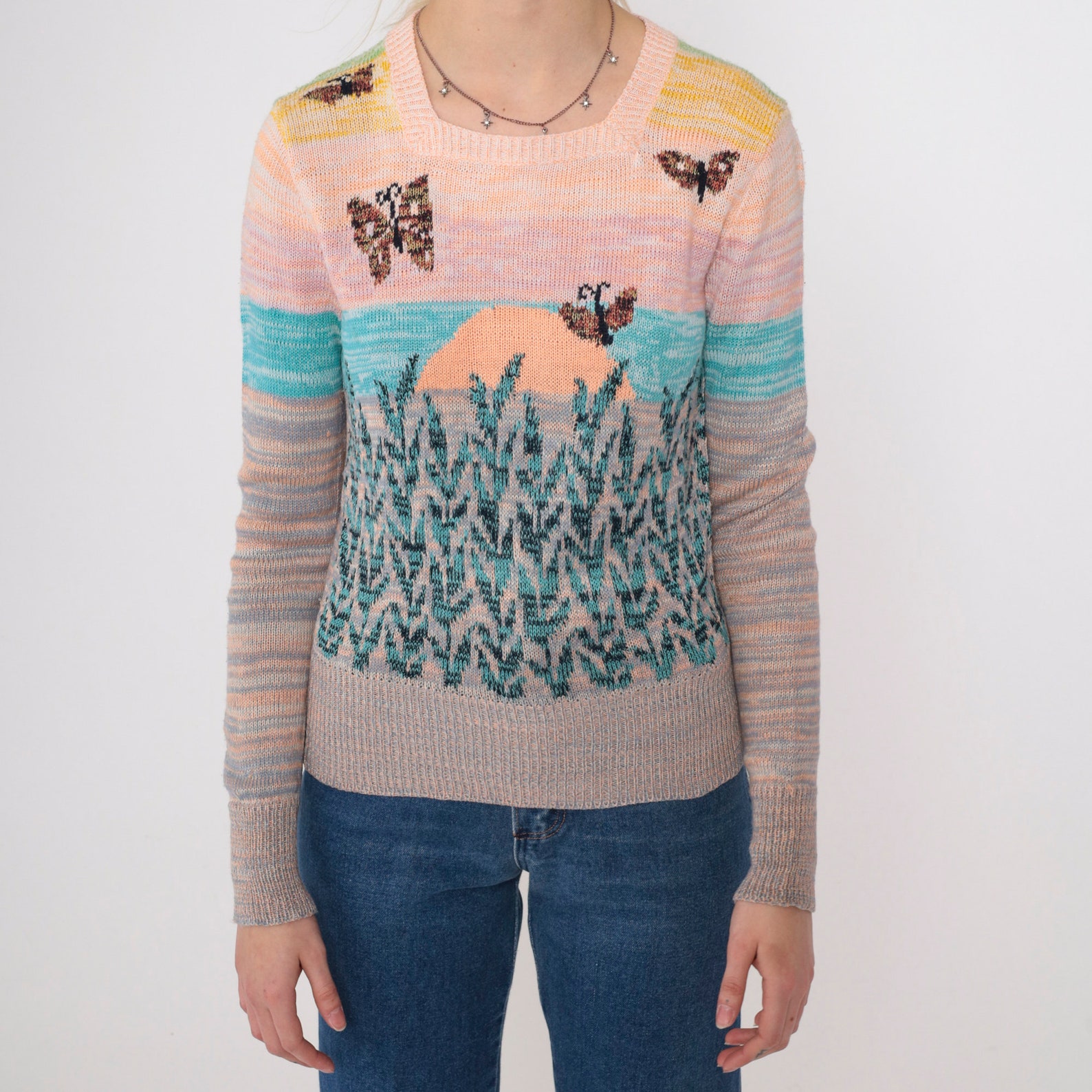 70s Arpeja Sweater Sunset Butterfly Print Space Dye Sweater Bohemian ...