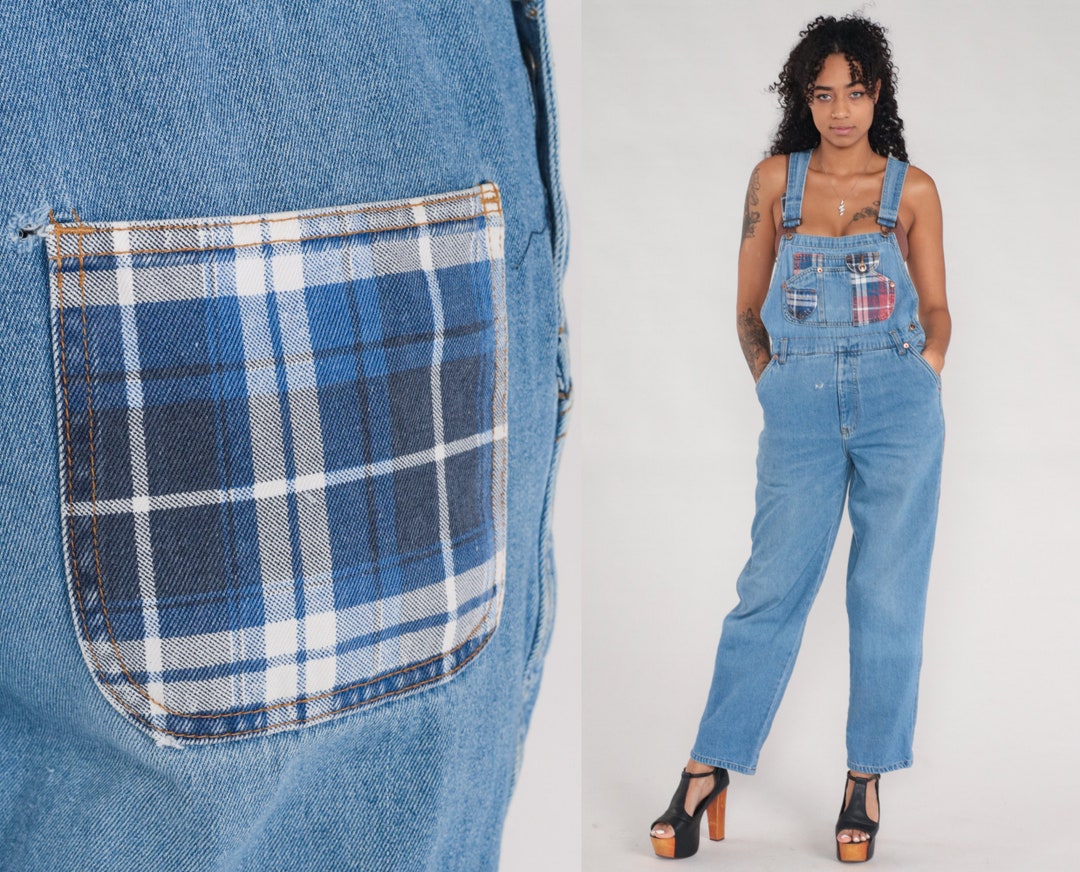 Patchwork Overalls Pants 90s Denim Plaid Patch Coveralls GRUNGE ...