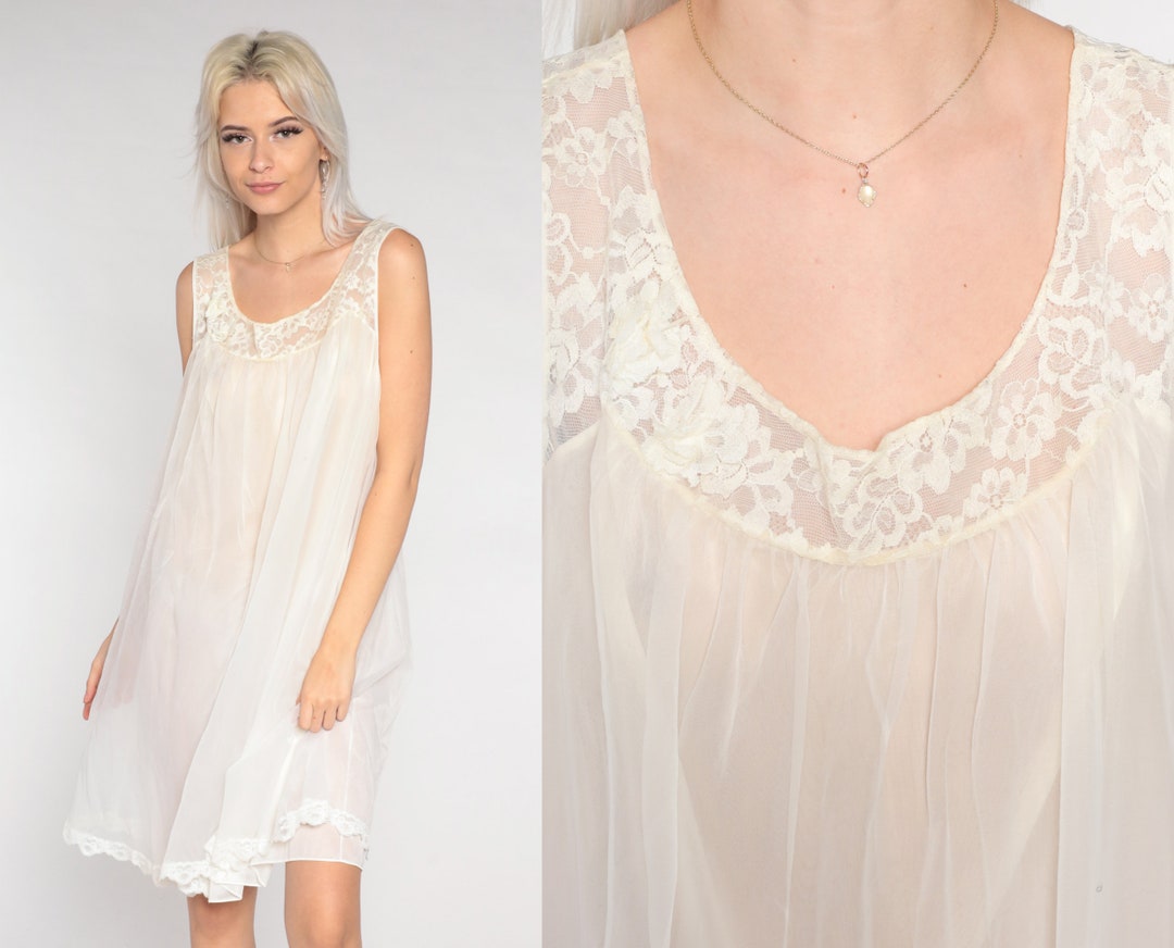 Off-white Nightgown 70s Lingerie Mini Dress Lace Babydoll Slip Pinup ...