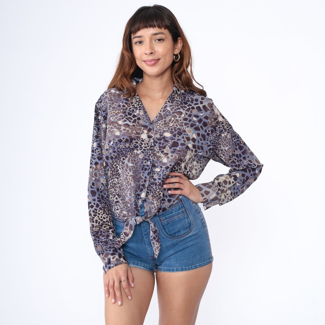 80s Tie Waist Blouse Giraffe Confetti Print Button up Shirt Purple ...