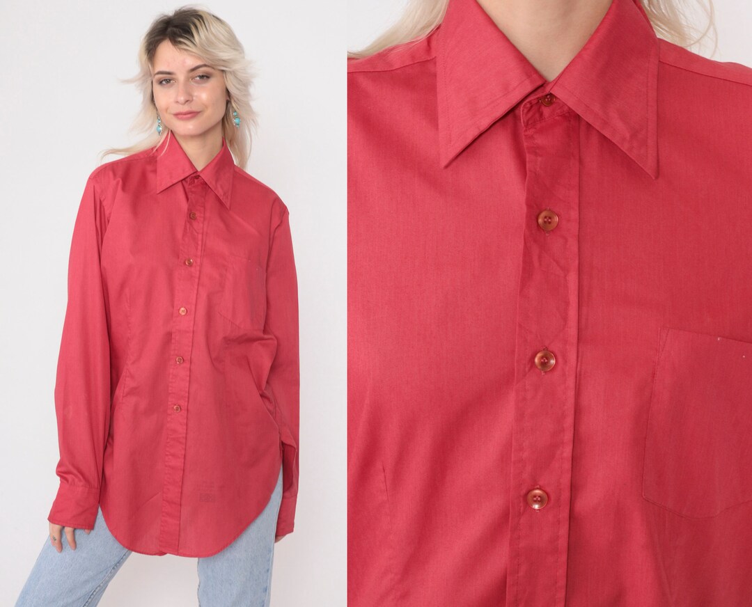 70s Button up Shirt Red Pointed Dagger Collar Top Long Sleeve Retro ...