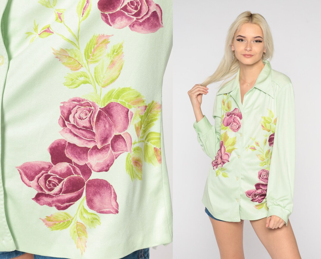 Rose Print Blouse 70s Green Floral Button up Shirt Pointed Dagger ...
