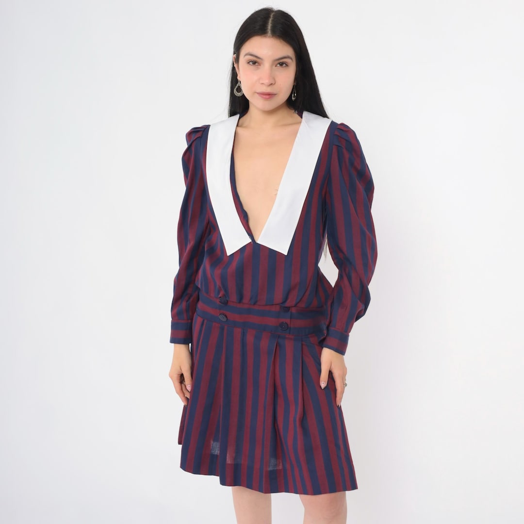 Vintage Striped Deep V Neck Dress 80s Puff Sleeve Chelsea Collar Plunge ...