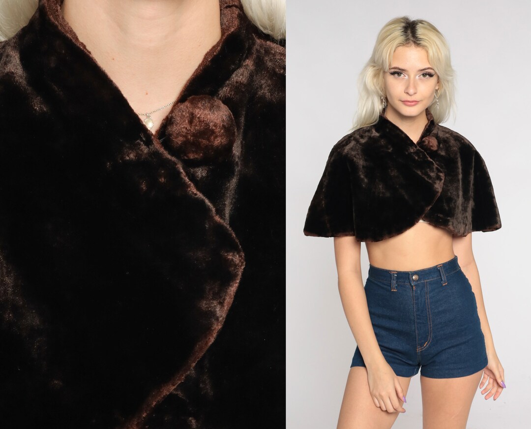 60s Cape Jacket Brown Faux Fur Cropped Cowl Cape Shawl Boho Capelet ...