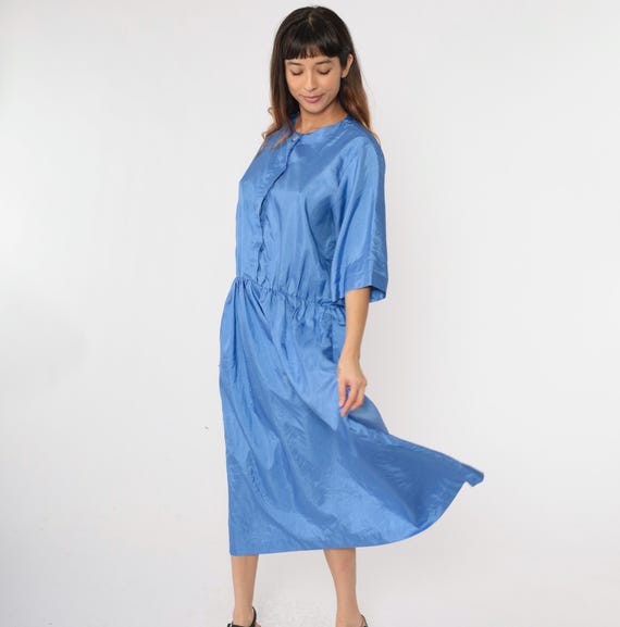 Vintage Shirt Dress 80s Shiny Blue Midi Shirtwaist 1/… - Gem