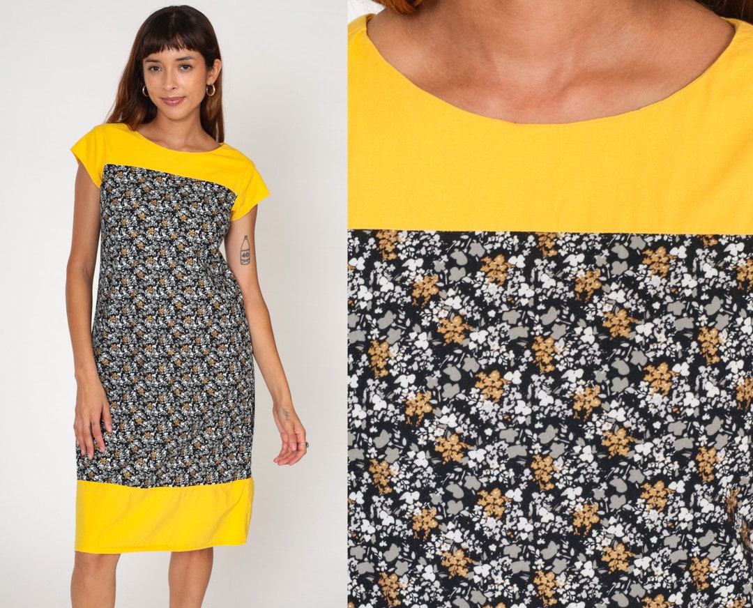 60s Mod Dress Yellow Black Floral Mini Hippie Vintage 70s Boho Cap ...
