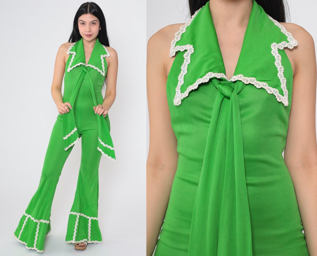 70s Bell Bottom Jumpsuit Green Flared Pantsuit Ascot Necktie Low Open ...