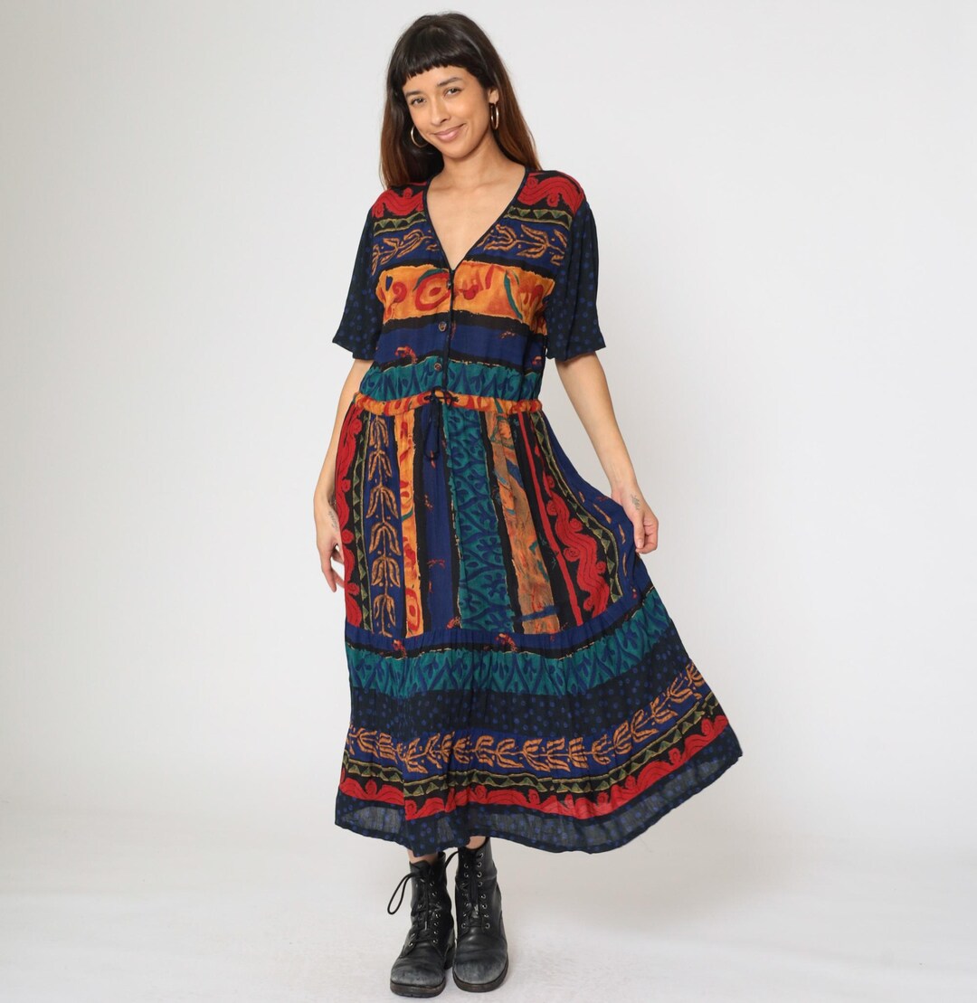 Vintage Patchwork Floral Dress 90s Blue Tiered Midi Dress V Neck Button ...