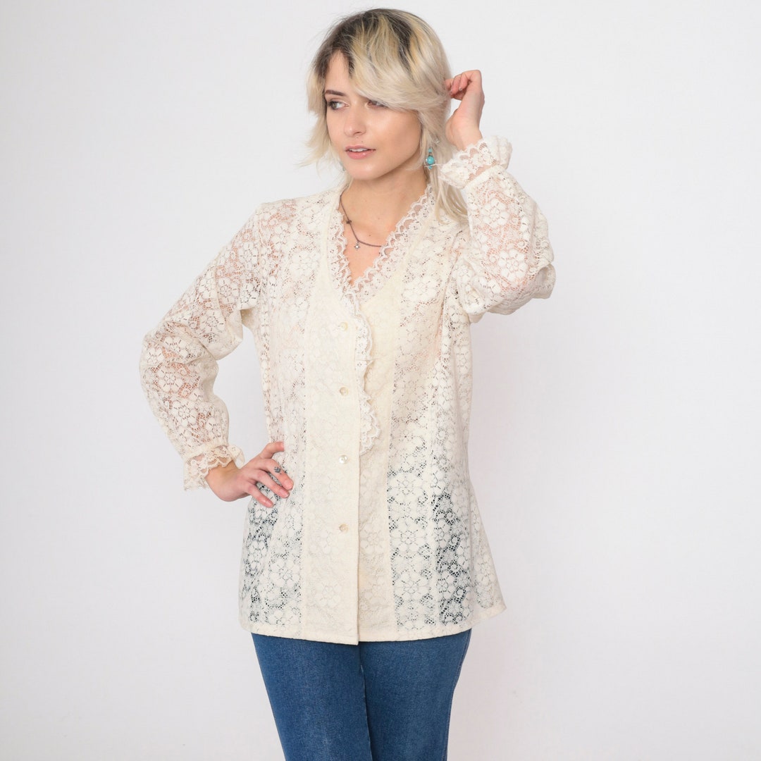 Cream Sheer Lace Blouse 70s Button up Shirt Tuxedo Ruffle Collar Shirt ...
