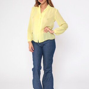 Sheer Yellow Blouse 70s Button up Shirt Floral Embroidered Collar ...