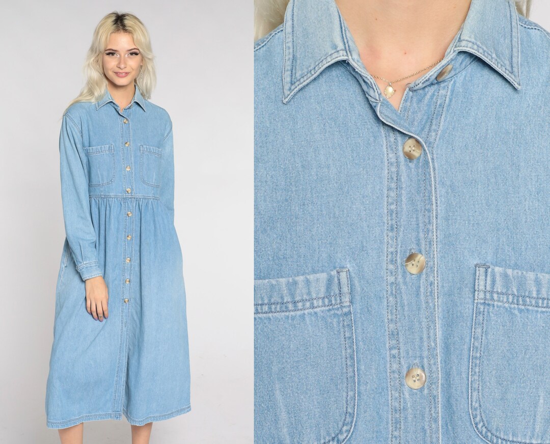 90s Denim Midi Dress Blue Jean Shirtdress Button up High Waisted Long ...