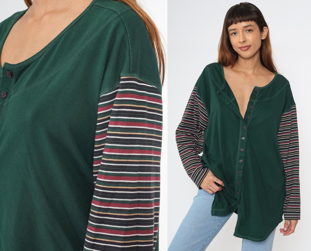 Striped T Shirt 90s Dark Green T Shirt Long Sleeve Button up Tee 1990s ...