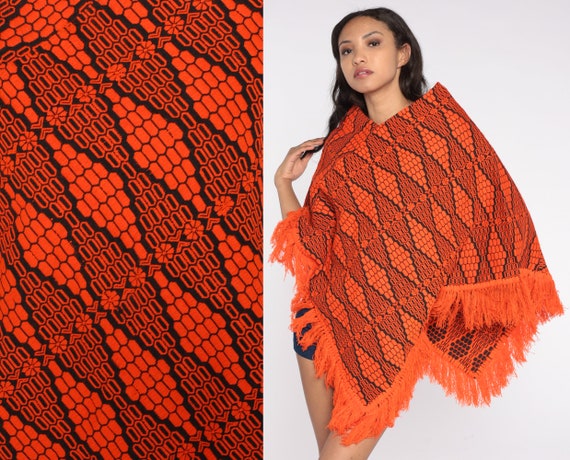 Embroidered Poncho 70s MEXICAN Poncho Neon Orange FRI… - Gem