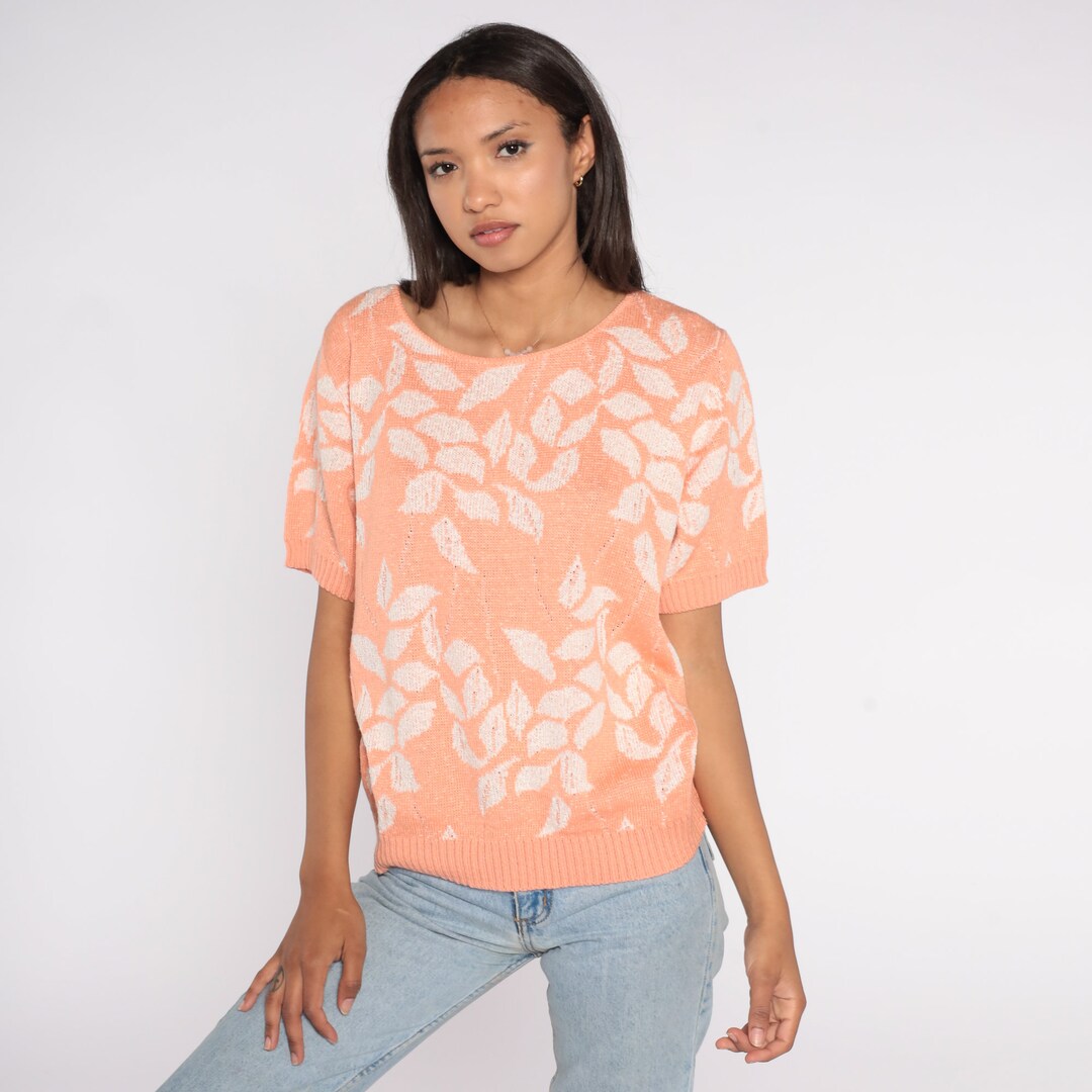 80s Short Sleeve Sweater Orange Leaf Top Knit Retro Top Botanical Shirt ...