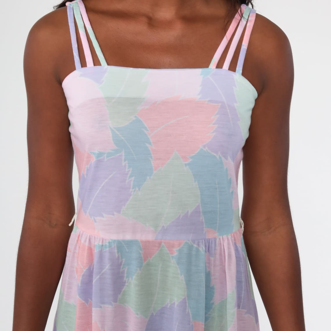 Leaf Sun Dress 70s Midi Sundress Boho Pastel Print High Waist Vintage ...