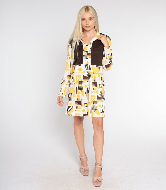 70s Mini Dress Mod Geometric Op Art Print Day Dress H… - Gem