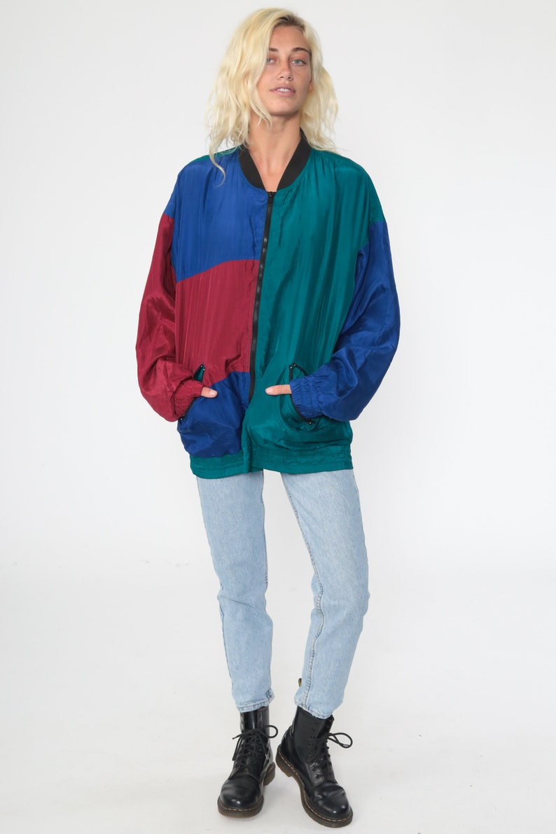 Silk Color Block Jacket 80s Windbreaker Jacket Teal Red Blue - Etsy