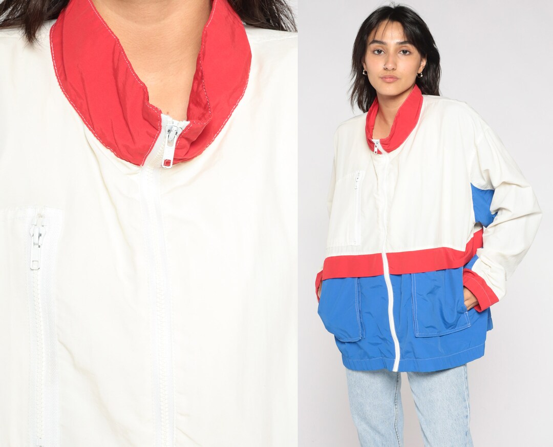 Color Block Jacket 80s Red White Blue Windbreaker Striped Zip up Warmup ...