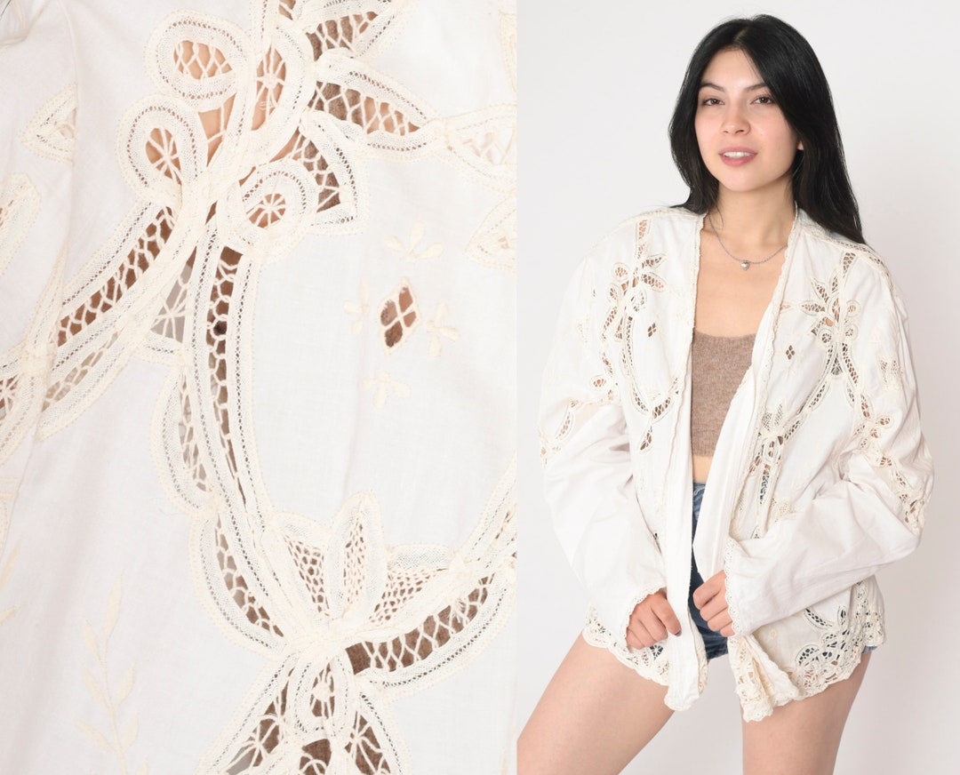 White Cutout Jacket 90s Floral Bali Cutwork Open Front Flower Mesh See ...