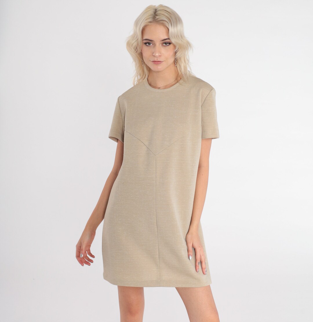 Tan Shift Dress 60s Mod Mini Dress Short Sleeve Retro Gogo Space Age ...
